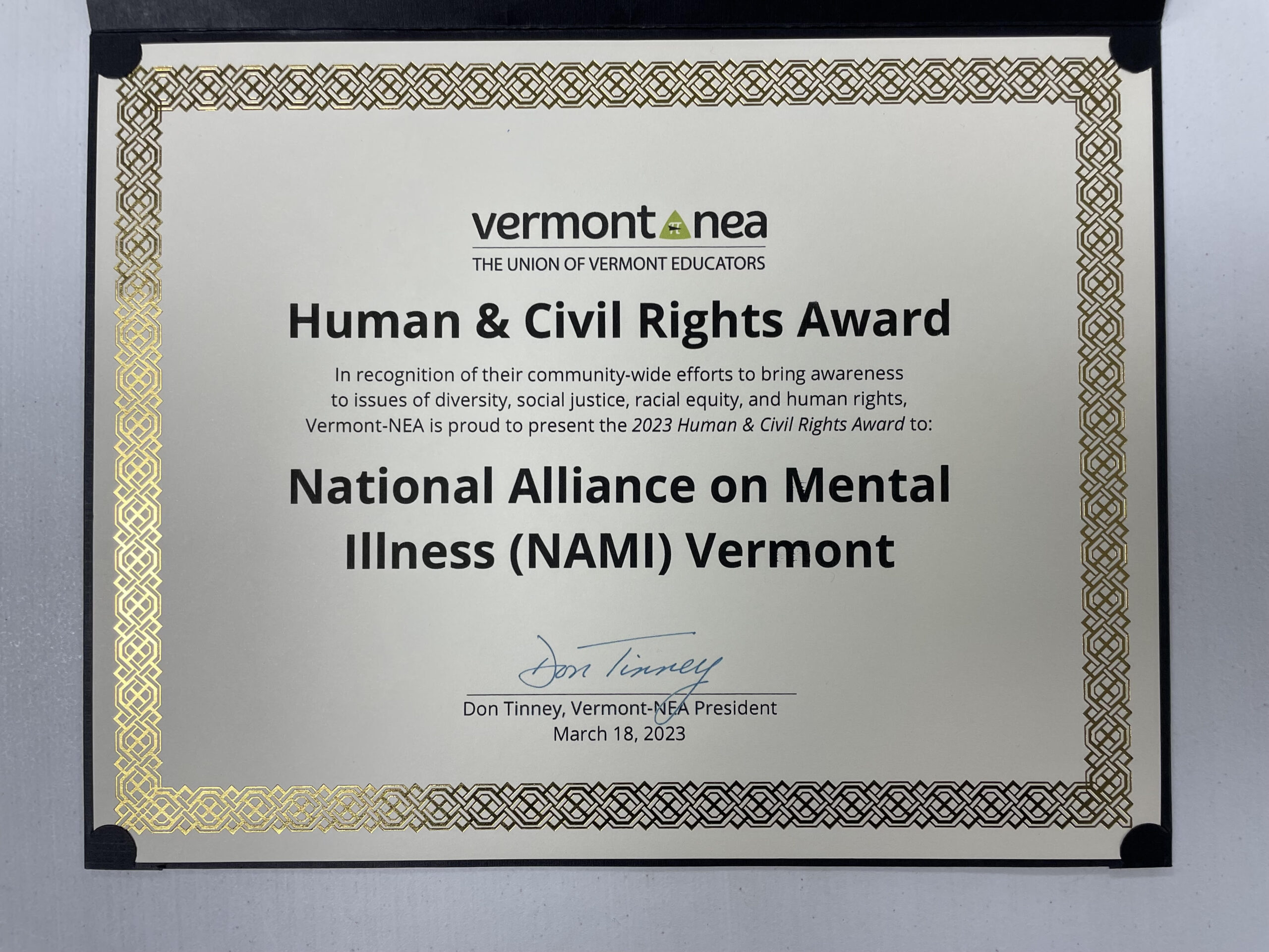 NAMI Vermont Receives Human & Civil Rights Award - NAMI Vermont
